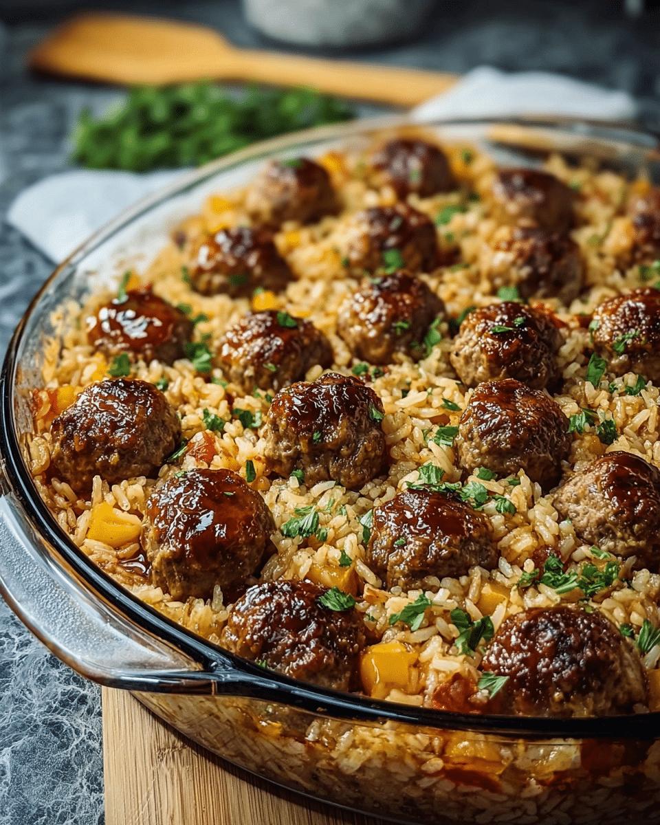 Honey Garlic Meatball Rice Bake